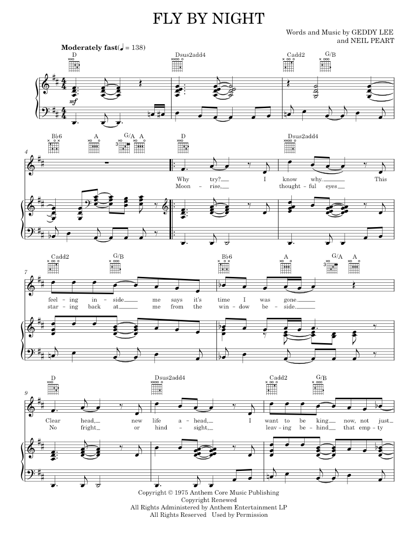 fly by night Sheet music for Piano, Vocals: Music Notes