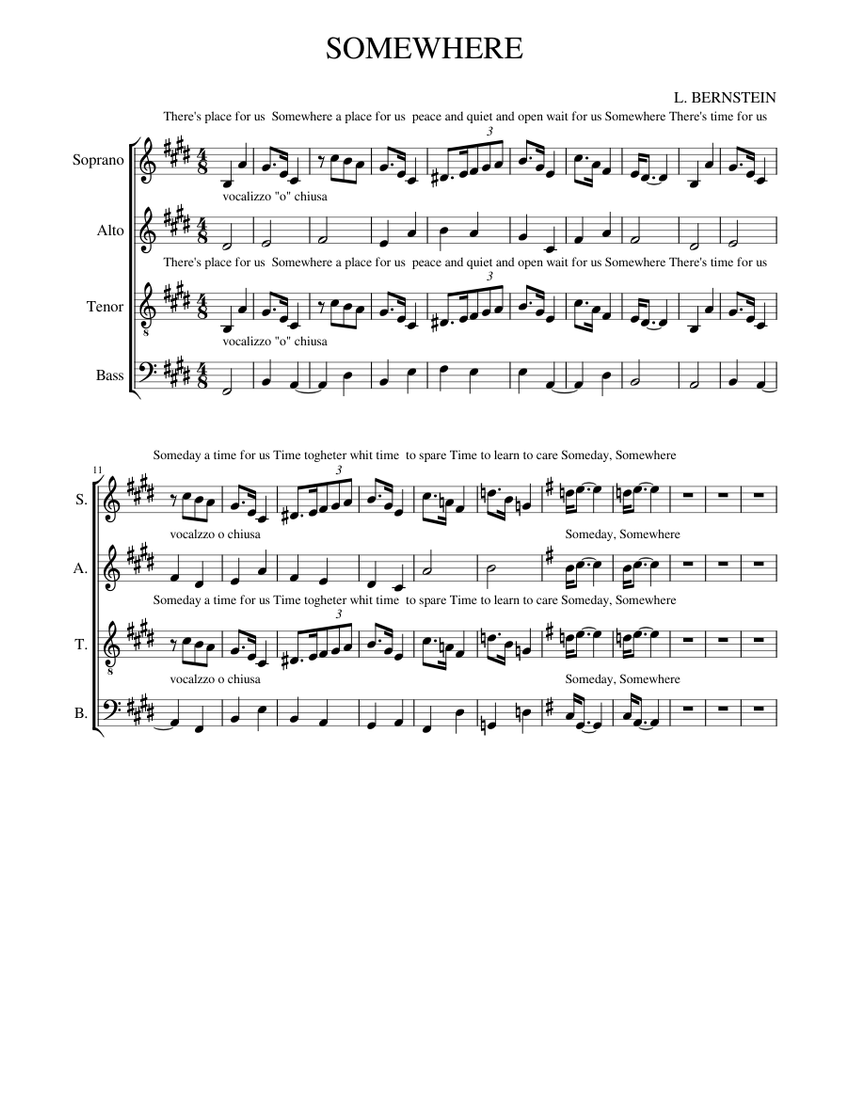 SOMEWHERE Sheet music for Soprano, Alto, Tenor, Bass voice (Choral ...
