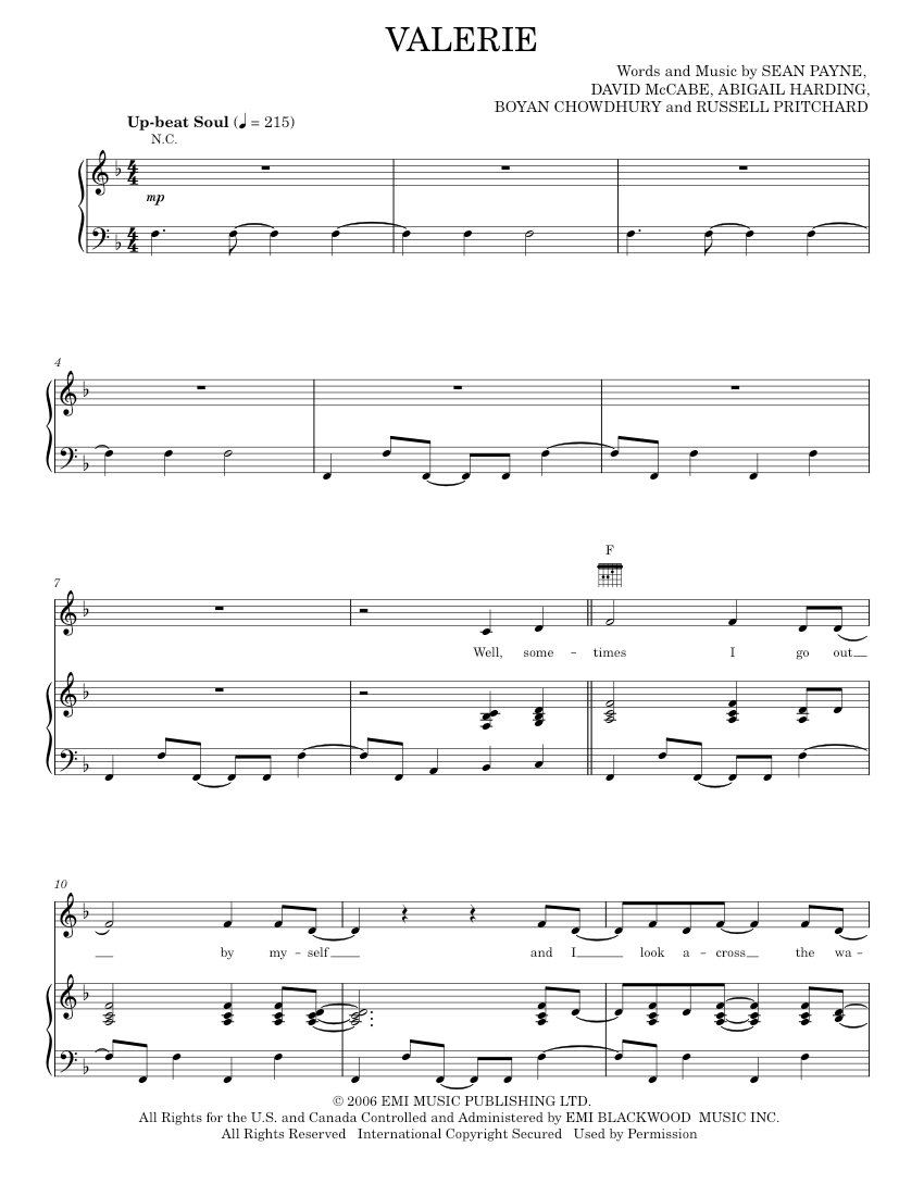 Play Official version of Valerie Sheet Music by Glee Cast for Piano ...
