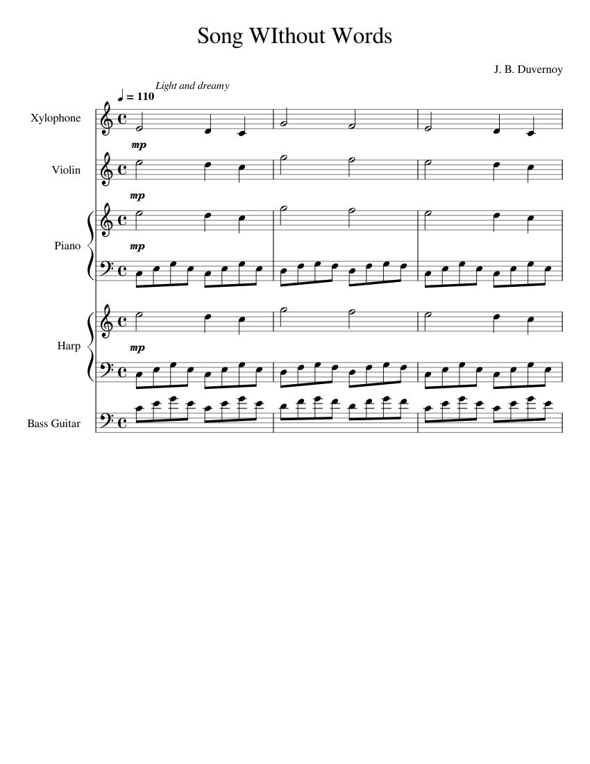 Song Without Words – J. B. Duvernoy Sheet Music for Piano, Violin, Bass ...