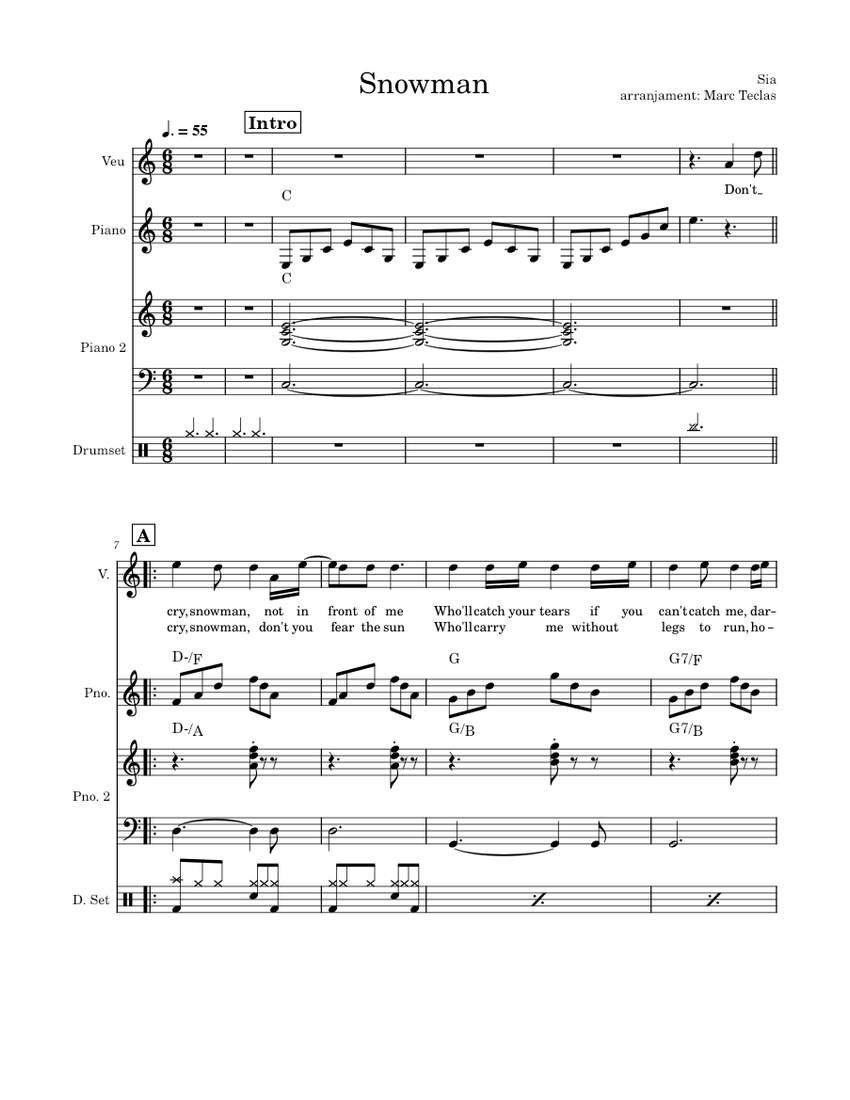 Sia - Snowman - Avenç Sheet music for Piano, Flute, Drum group (Mixed ...
