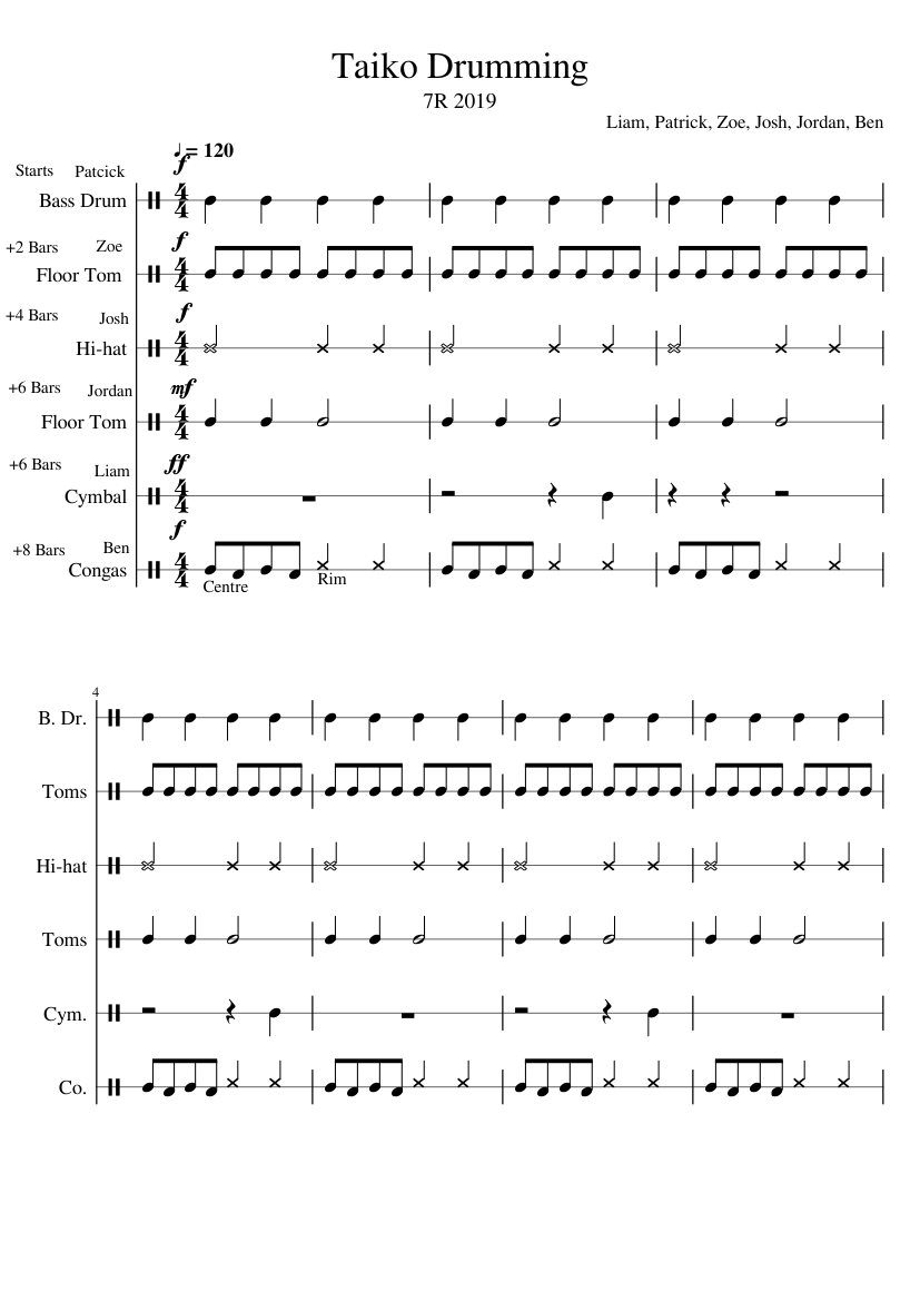 Taiko Drumming Sheet Music for Crash, Bass drum, Tom tom, Conga & more ...
