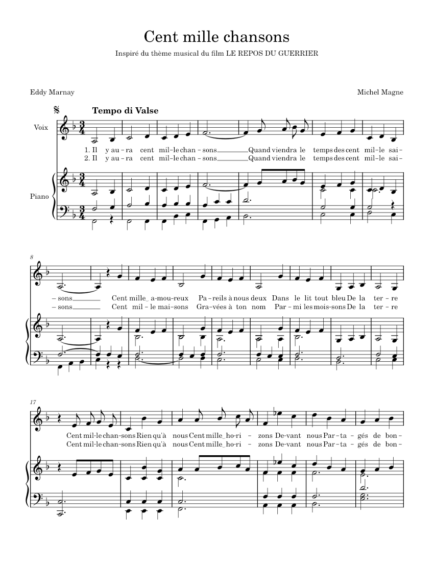 Cent Mille Chansons – Michel Magne, Eddy Marnay Sheet music for Piano ...
