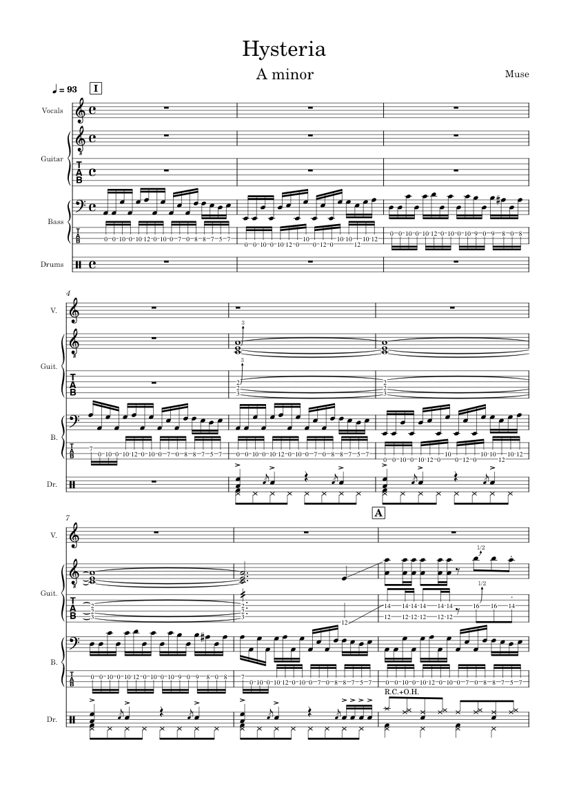 Hysteria - Muse Sheet Music and Tab for Flute, Guitar, Bass guitar ...