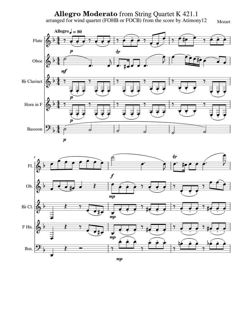 Allegro moderato from String quartet No.15 in D minor K421.1 Sheet music for Flute, Oboe ...