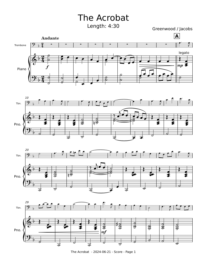 The Acrobat – Misc tunes Sheet Music for Piano, Trombone (Solo ...