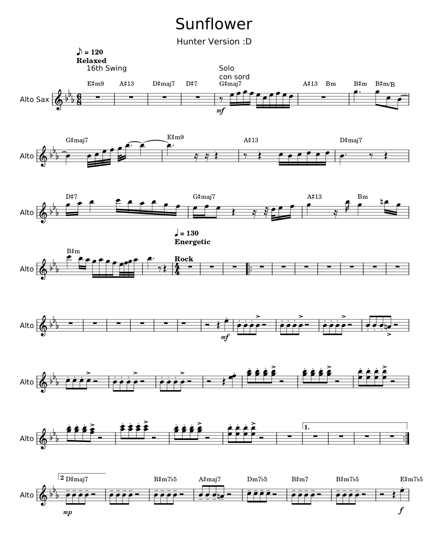 Sunflower - Post Malone Sheet Music with Chords for Saxophone alto ...