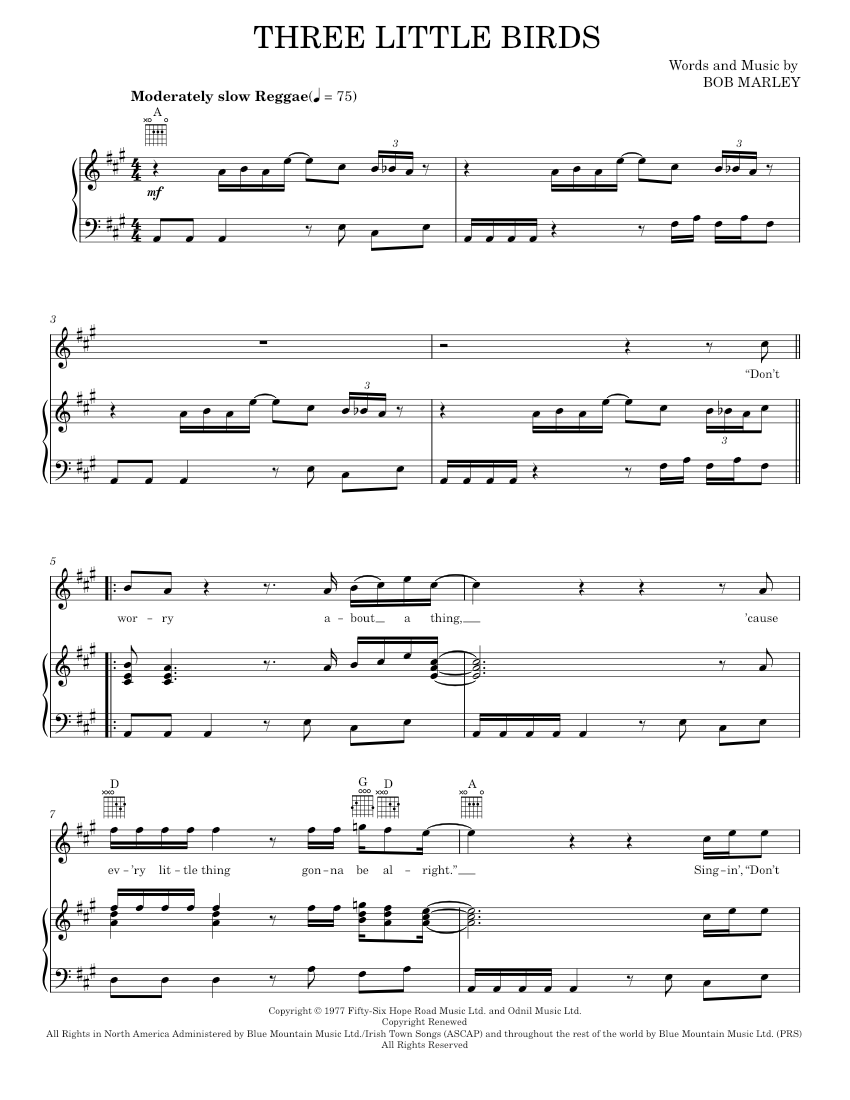 Play Official version of Three little birds Sheet Music by Bob Marley ...