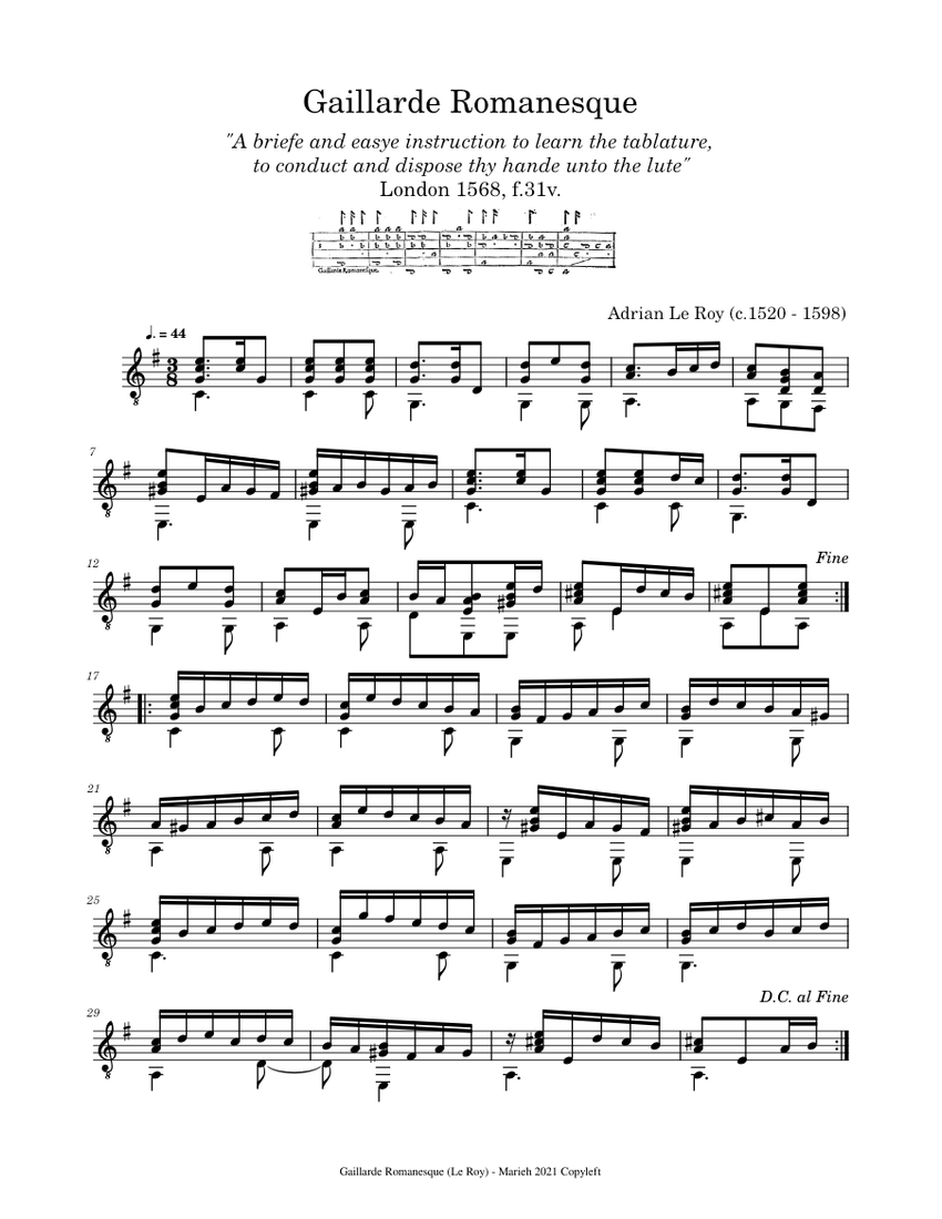 Gaillarde Romanesque – Adrien Le Roy (c.1520 - 1598) Sheet music for ...
