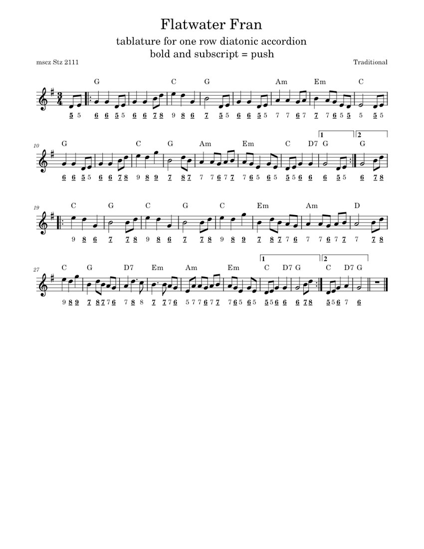 Flatwater_Fran tablature for diatonic accordion Sheet music for Piano ...