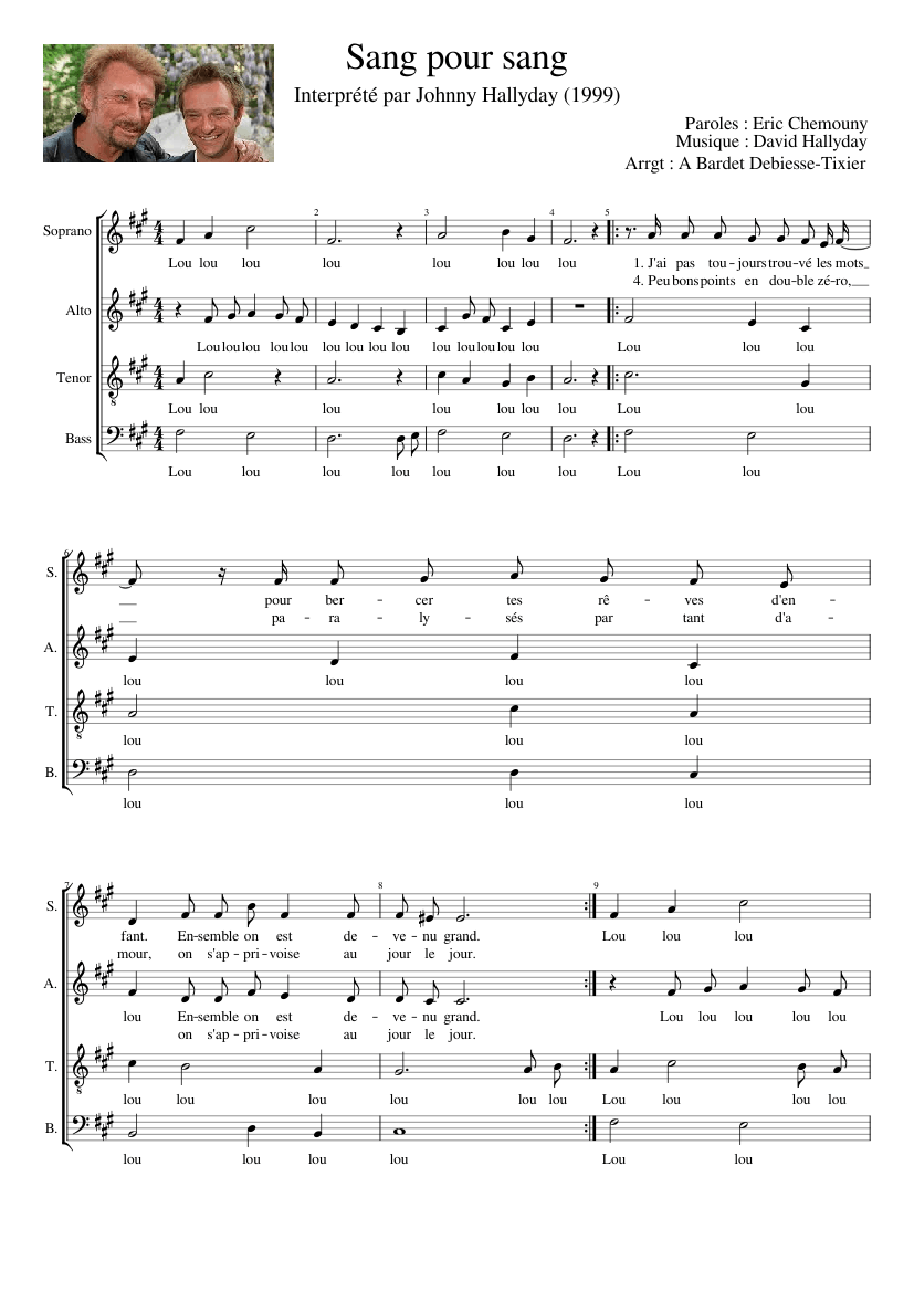 Sang pour sang - Johnny Hallyday (SATB MuseScore) Sheet Music for ...