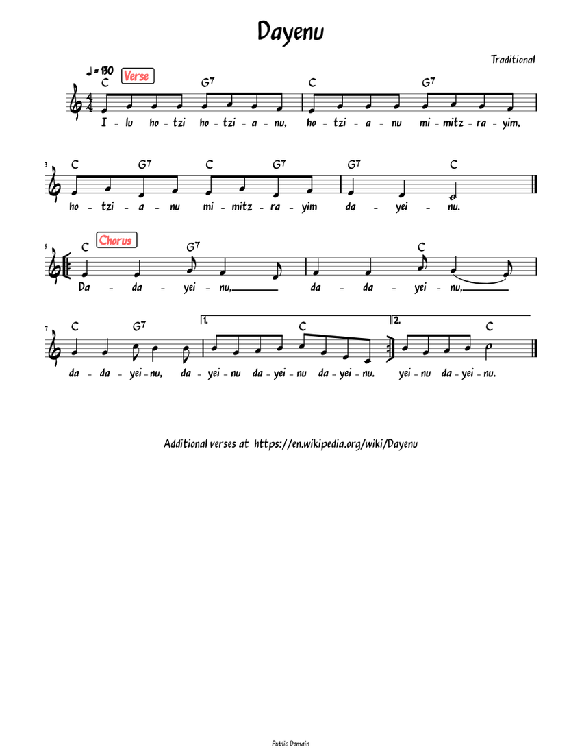 Dayenu (Lead sheet with lyrics ) Sheet music for Piano (Solo) Easy ...