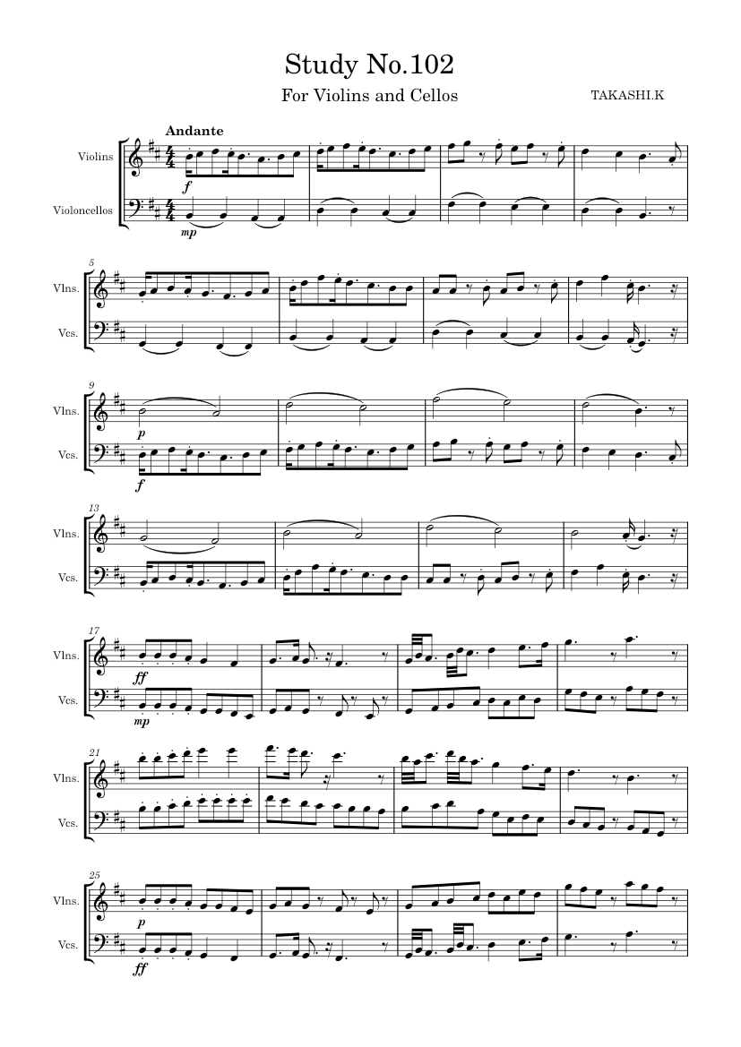 Study No.102 For Violins and Cellos (Original Composition) Sheet music for Strings group (String ...