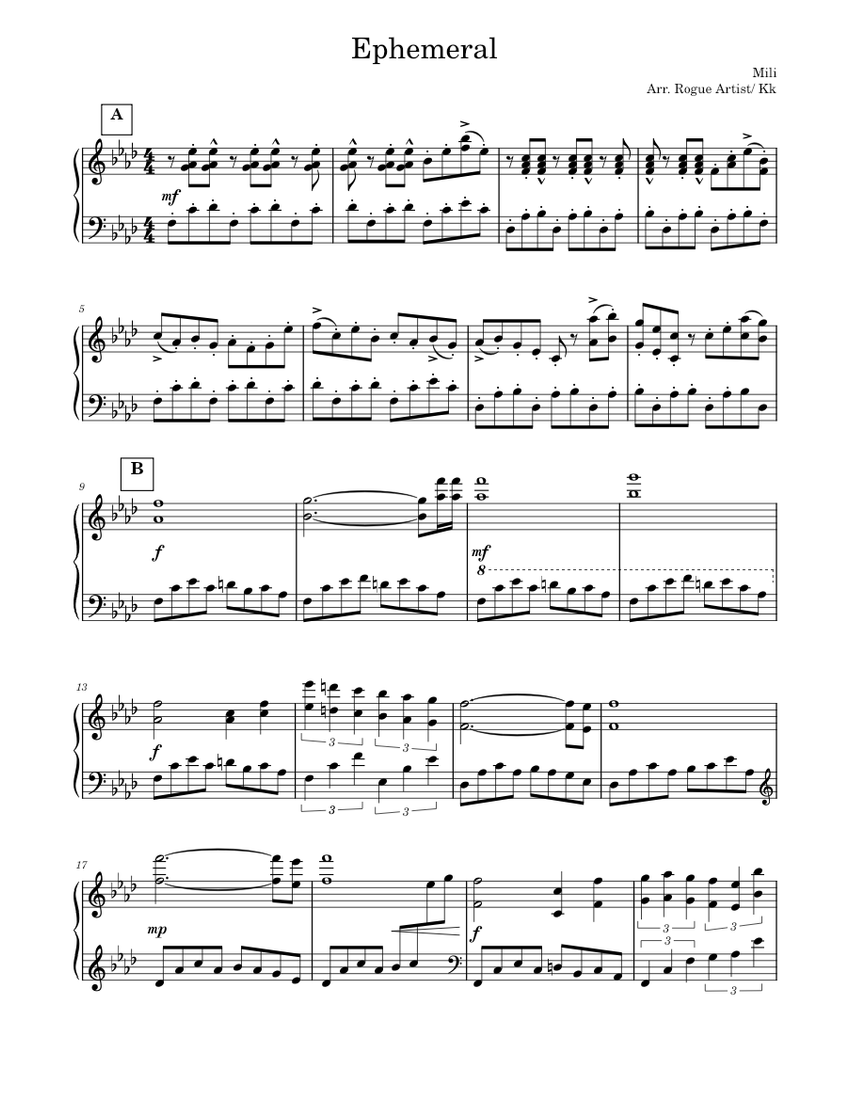 Ephemeral – Mili (FULL piano solo) Sheet music for Piano (Solo ...