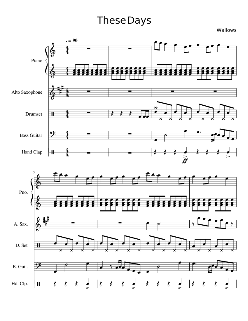 These Days - Wallows Sheet music for Piano, Saxophone alto, Bass guitar ...