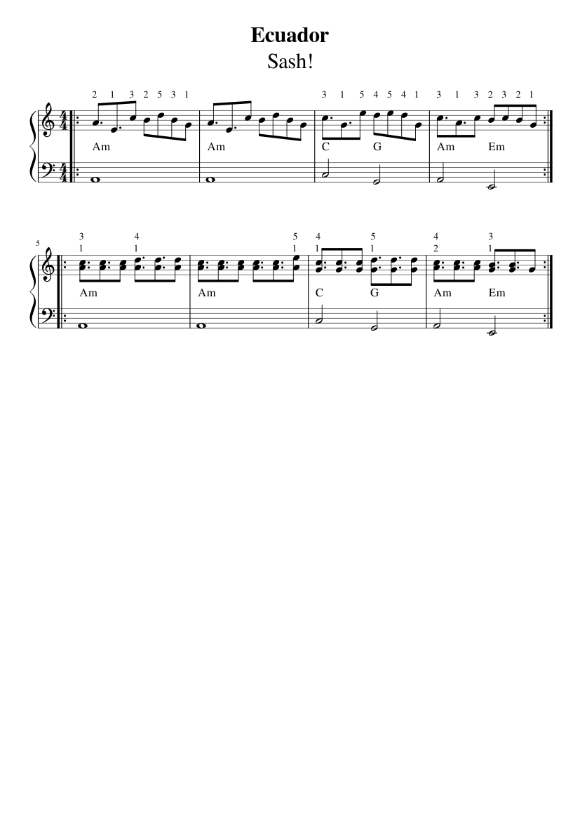 Sash! - Ecuador Sheet Music with Chords for Piano (Solo) easy ...