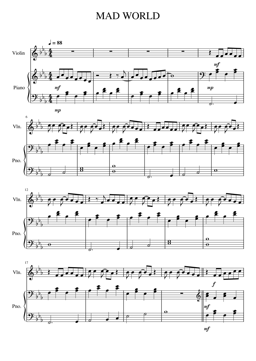 MadWorld - Gary Jules Sheet music for Piano, Violin (Solo) | Musescore.com