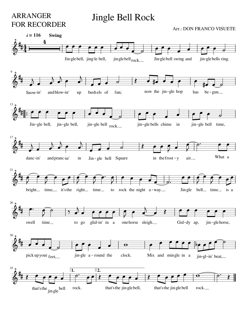 JINGLE BELL ROCK FOR RECORDER Sheet Music for Recorder (Solo ...