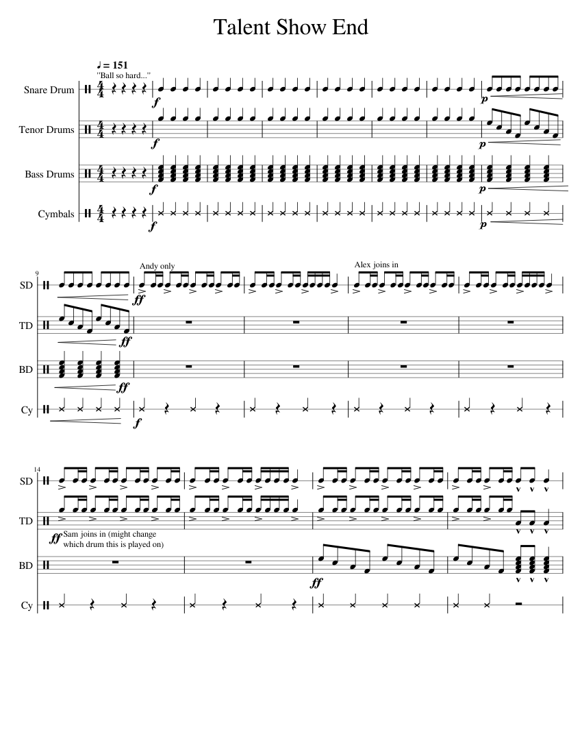 Talent Show End Sheet music for Snare drum, Crash, Tenor drum, Bass ...