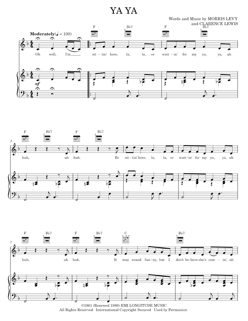 Play Official version of Ya ya sheet music by Lee Dorsey for Piano ...