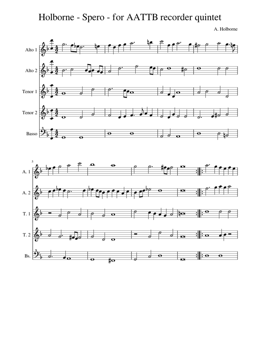 Holborne - Spero - for AATTB recorder quintet Sheet music for Recorder ...