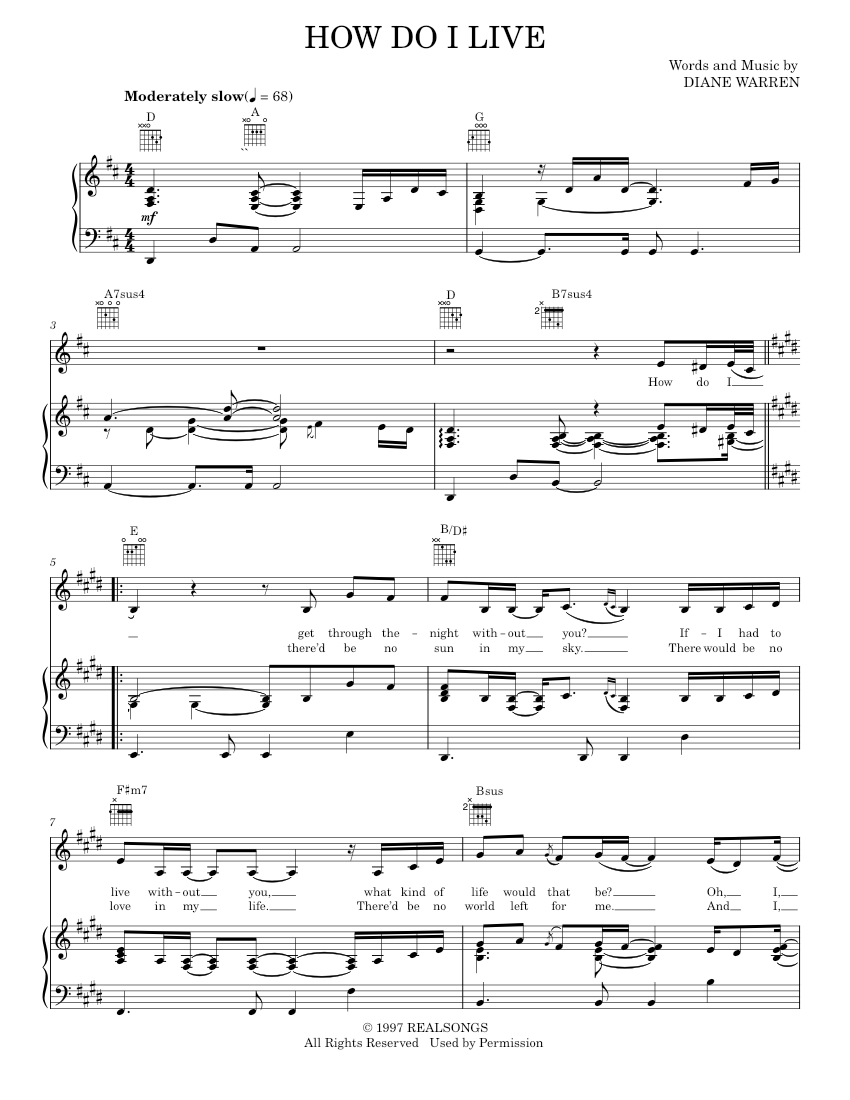 How Do I Live Sheet music for Piano, Vocals by LeAnn Rimes, Trisha ...