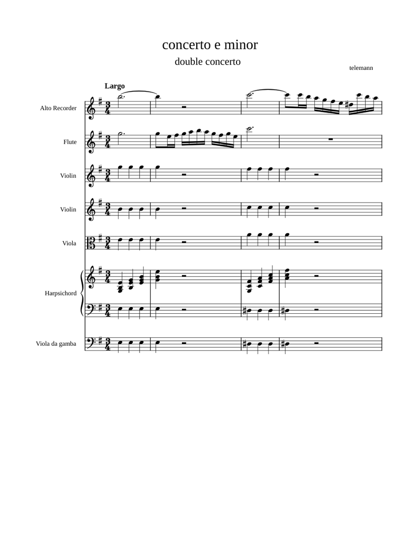 Telemann; Double Concerto in E minor for Alto Recorder and Flute 1st ...