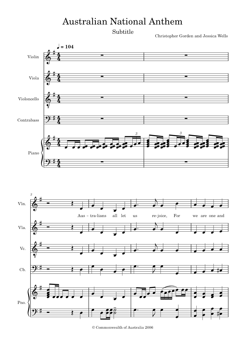 Australian National Anthem Sheet Music for Piano, Violin, Viola, Cello ...