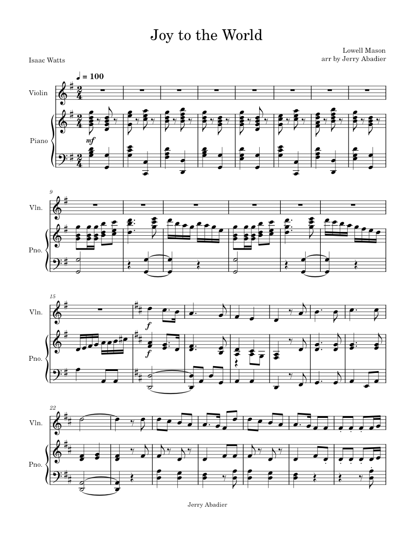 Joy to the World Sheet music for Piano, Violin (Solo) | Musescore.com