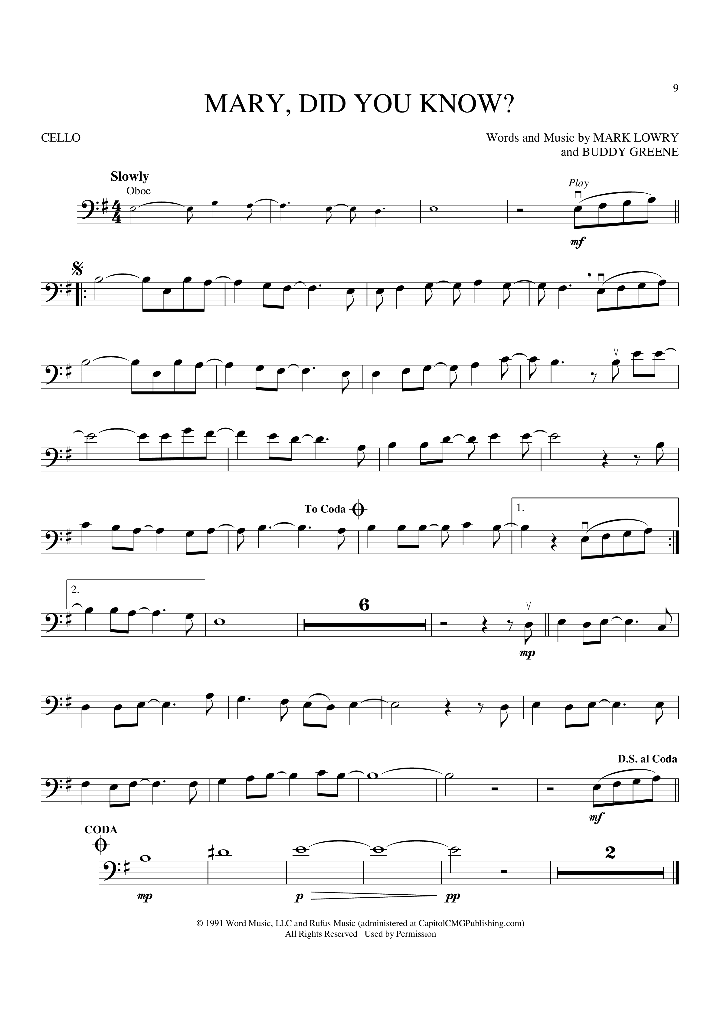 mary did you know Sheet music for Cello by Kathy Mattea Official ...