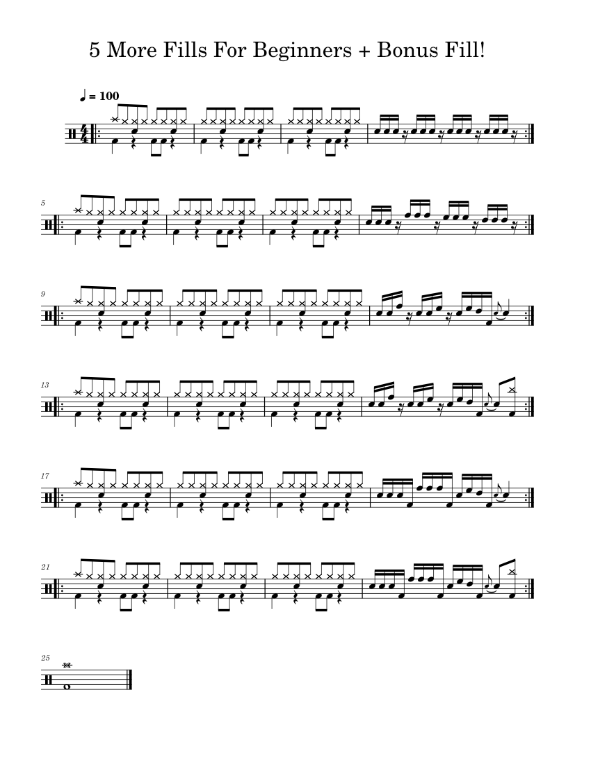 5 More Beginner Drum Fills + Bonus Fill! Sheet music for Drum group ...