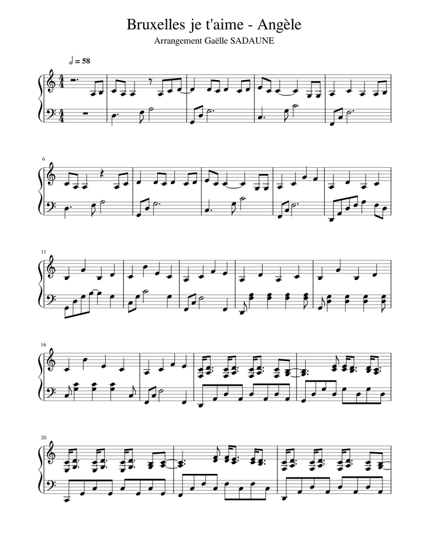 Bruxelles je t'aime – Angèle Arrangement piano Gaëlle SADAUNE Sheet ...