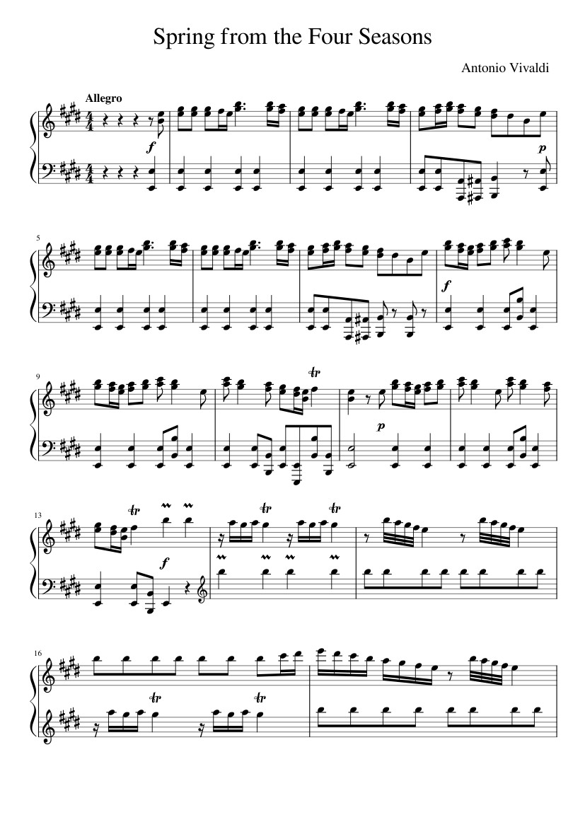 Vivaldi's Spring from the Four Seasons, Piano Transcription Sheet Music ...