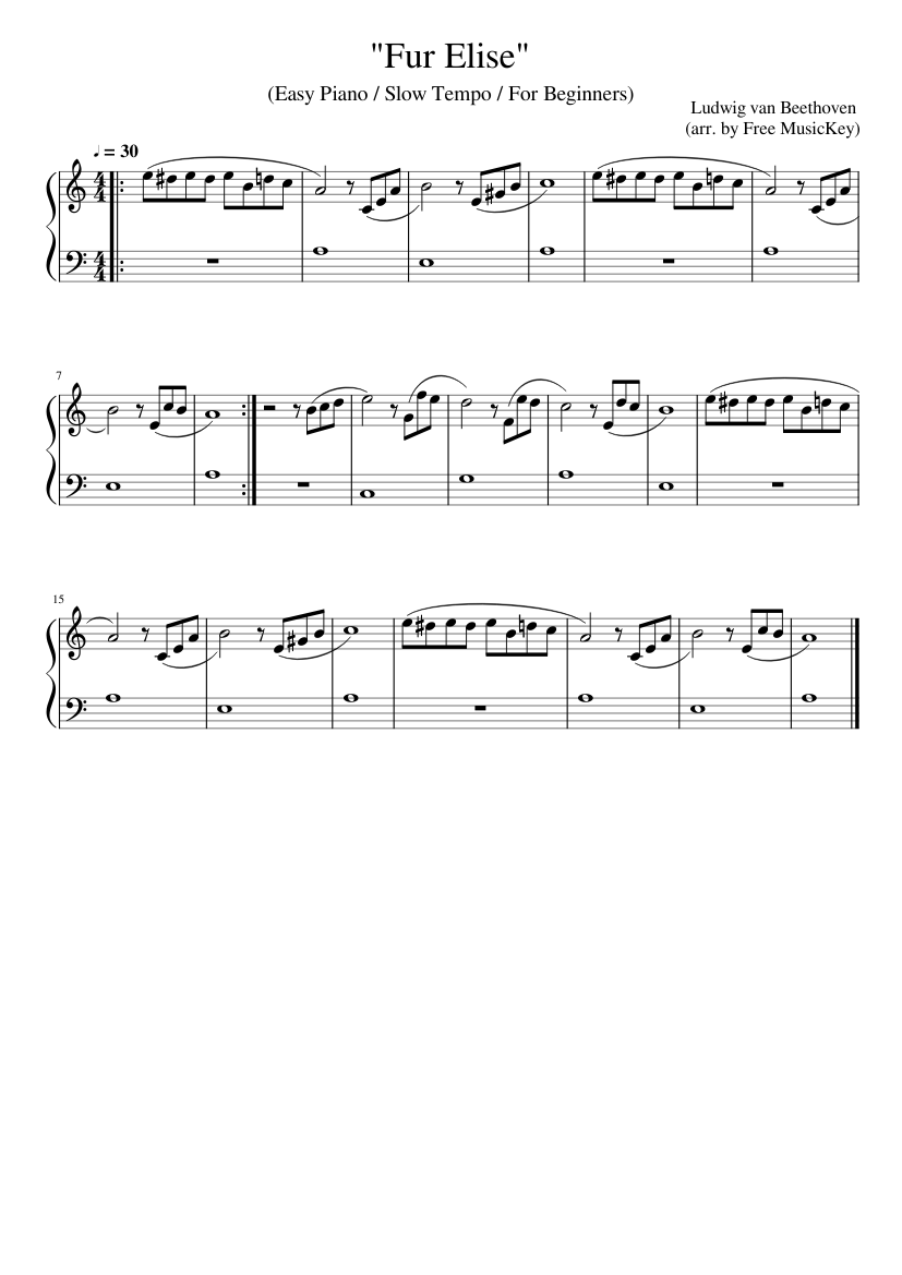 Ludwig van Beethoven "Fur Elise" For Beginners Slow Tempo (arr. by Free ...