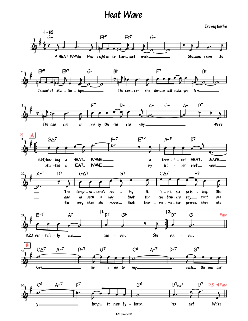 Heat Wave (Lead sheet with verse and lyrics ) Sheet music for Piano ...