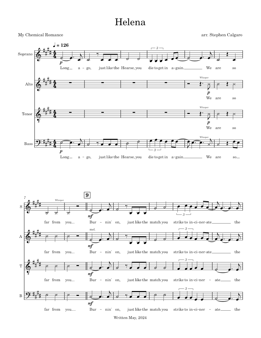 Helena - My Chemical Romance (SATB) Sheet Music for Piano, Bass guitar ...