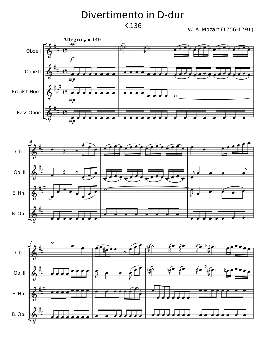 Divertimento in D major, K.136/125a - Wolfgang Amadeus Mozart Sheet music for Oboe (Mixed ...