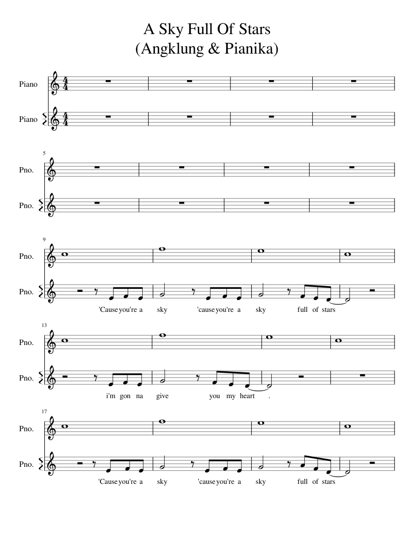 A Sky Full Of Stars (Angklung & Pianika) Sheet Music for Piano (Piano ...