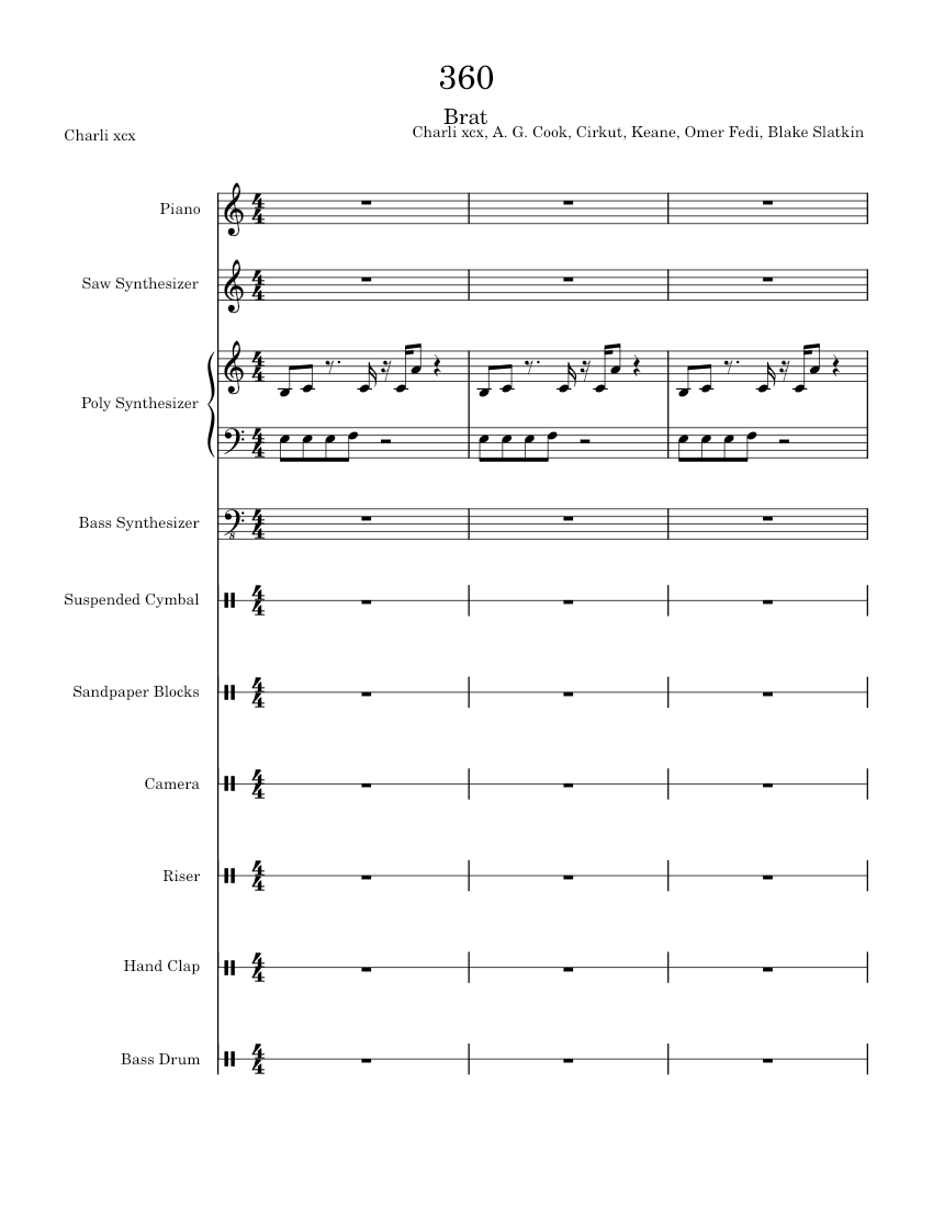 360 – Charli XCX Sheet Music for Piano, Bass guitar, Drum group ...