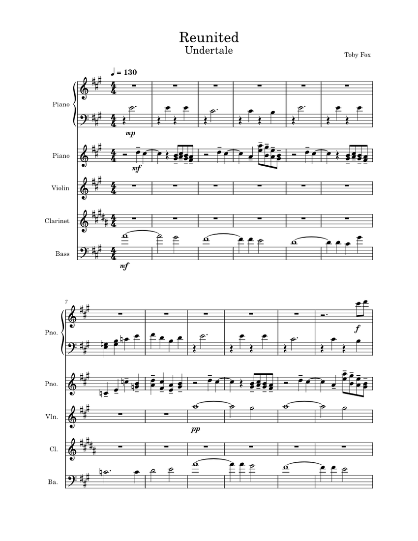 Reunited Sheet music for Piano, Clarinet in b-flat, Violin, Bass guitar ...