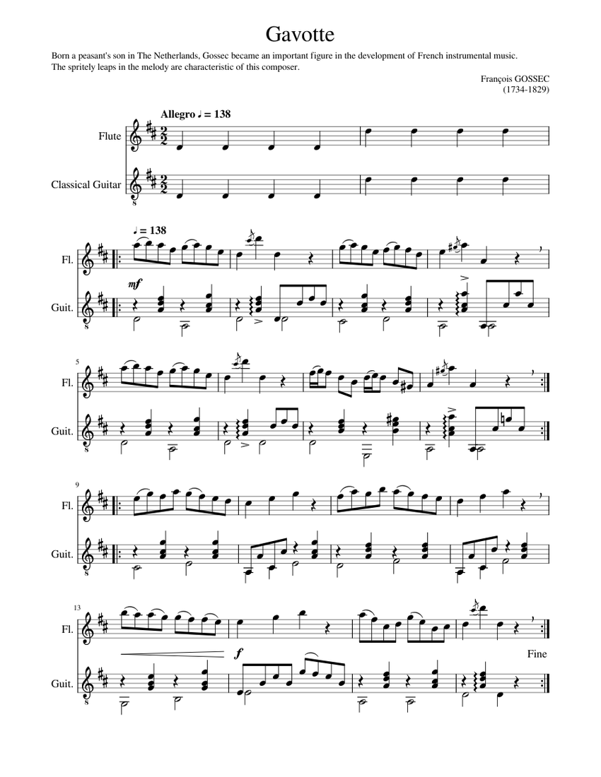 Gavotte Francois Gossec Flute and guitar Sheet music for Flute, Guitar ...