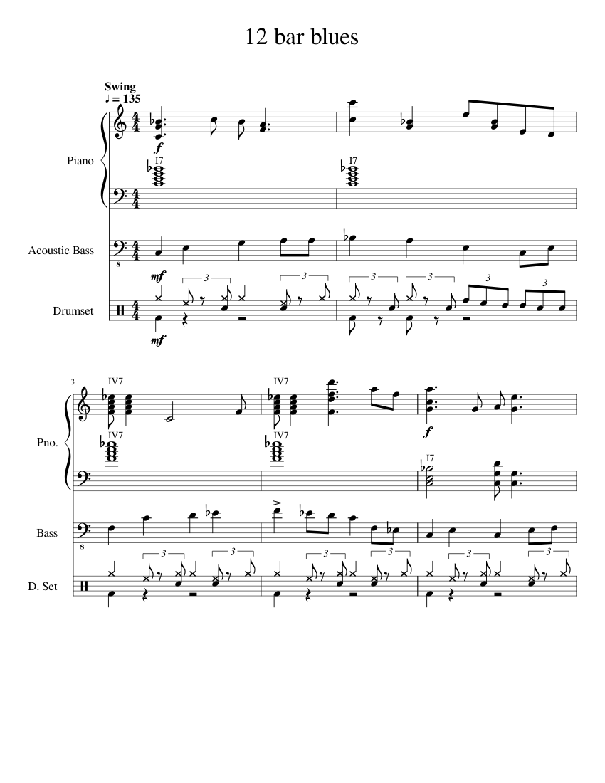 12 Bar Blues Sheet music for Piano, Bass guitar, Drum group (Jazz Band ...