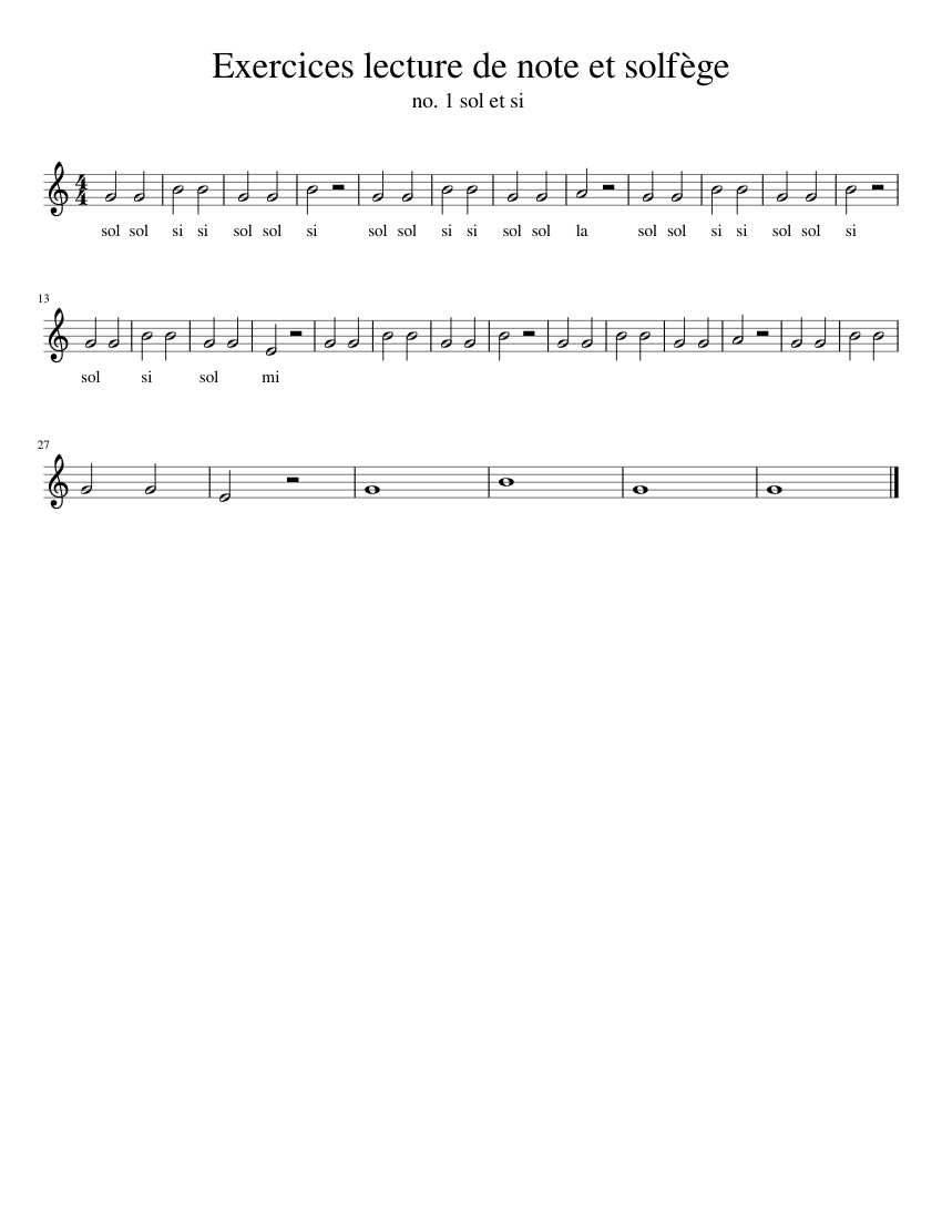 Exercices lecture de note et solfège no. 1 Sheet music for Piano (Solo ...