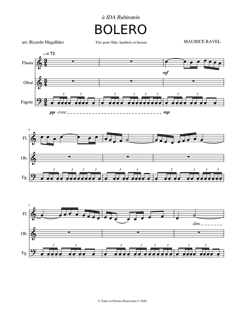 Bolero de Ravel - Trio pour flûte, hautbois et basson Sheet music for ...