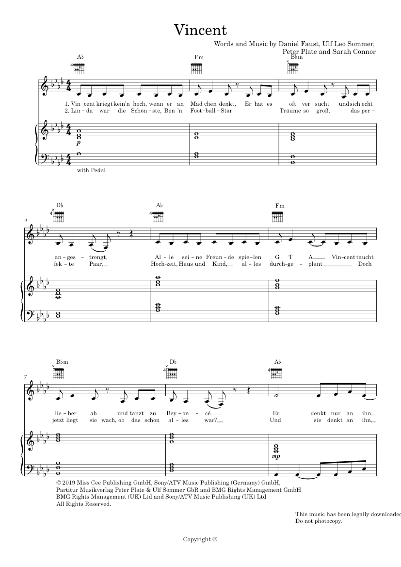 Play Official version of Vincent Sheet Music by Sarah Connor for Piano ...