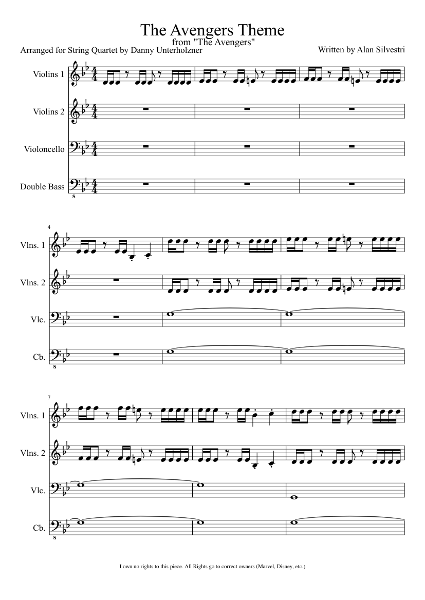 The Avengers Theme for String Quartet Sheet music for Contrabass, Cello ...