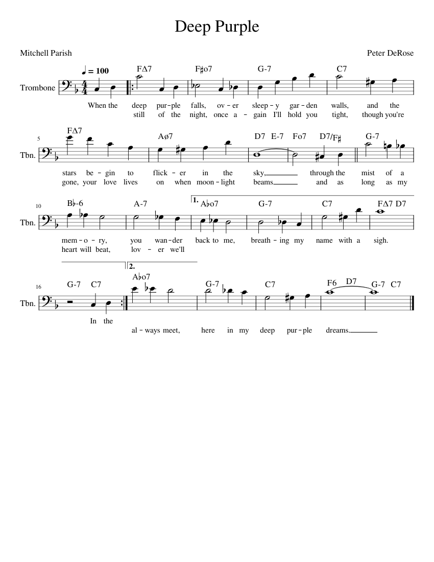 Deep Purple Sheet music for Trombone (Solo) | Musescore.com