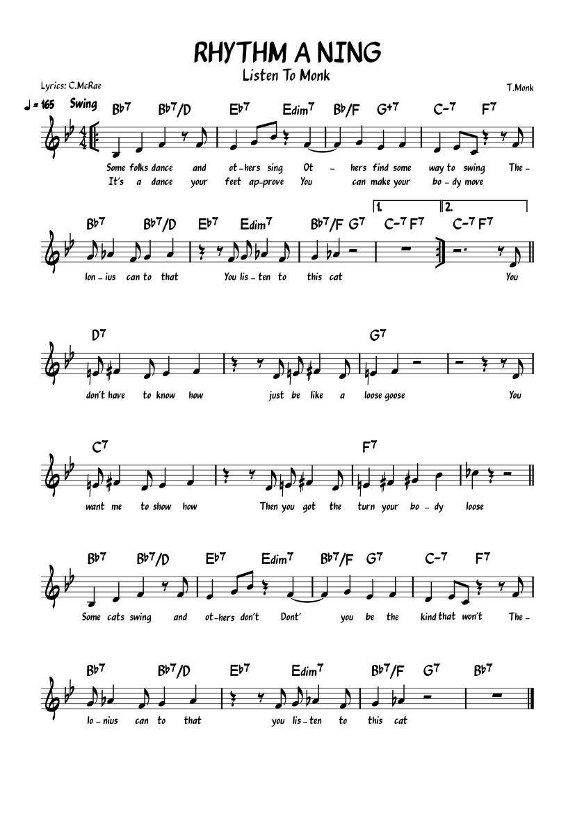 Rhythm-A-Ning – Thelonious Monk Sheet Music for Piano (Solo) Easy ...