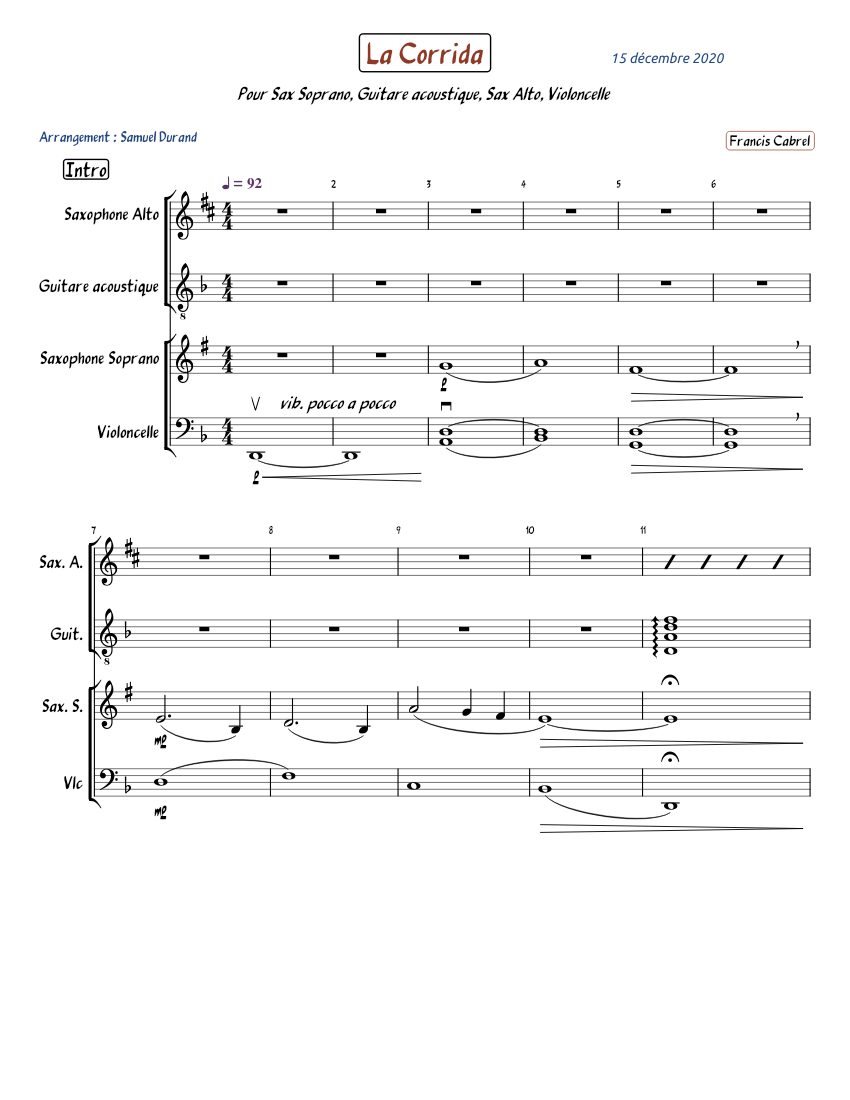 La_Corrida_2Sax_GuitareAc_Violoncelle Sheet music for Saxophone alto, Cello, Guitar, Saxophone ...