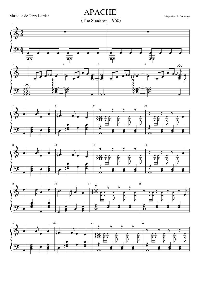 APACHE, the Shadows Sheet music for Piano (Solo) | Musescore.com